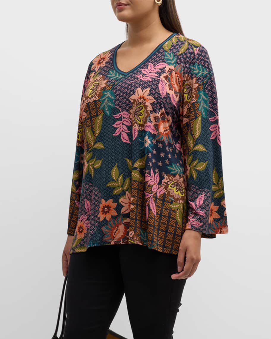 Johnny Was Plus Size Delfino Floral-Print Long-Sleeve Tee | Neiman Marcus
