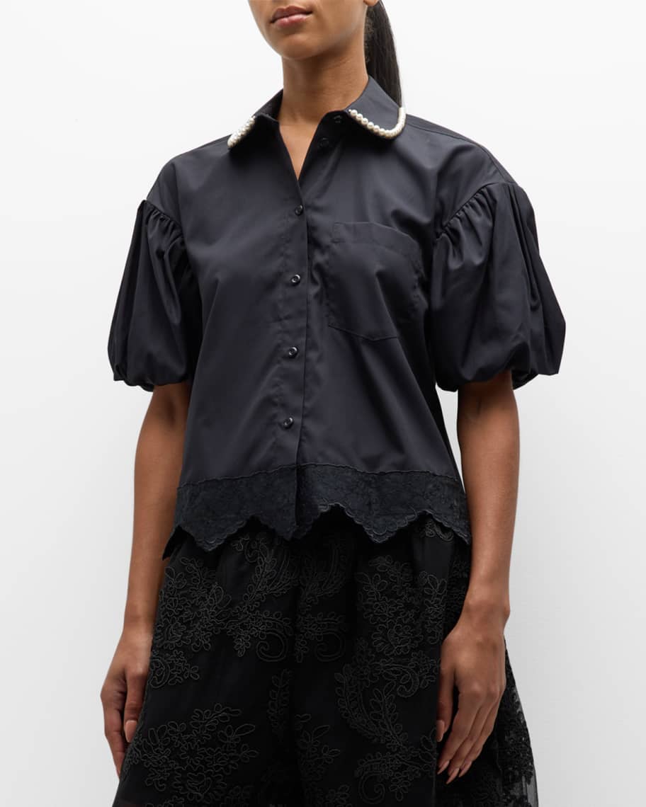 Simone Rocha Cropped Puff Sleeve Shirt with Embroidered Trim | Neiman ...