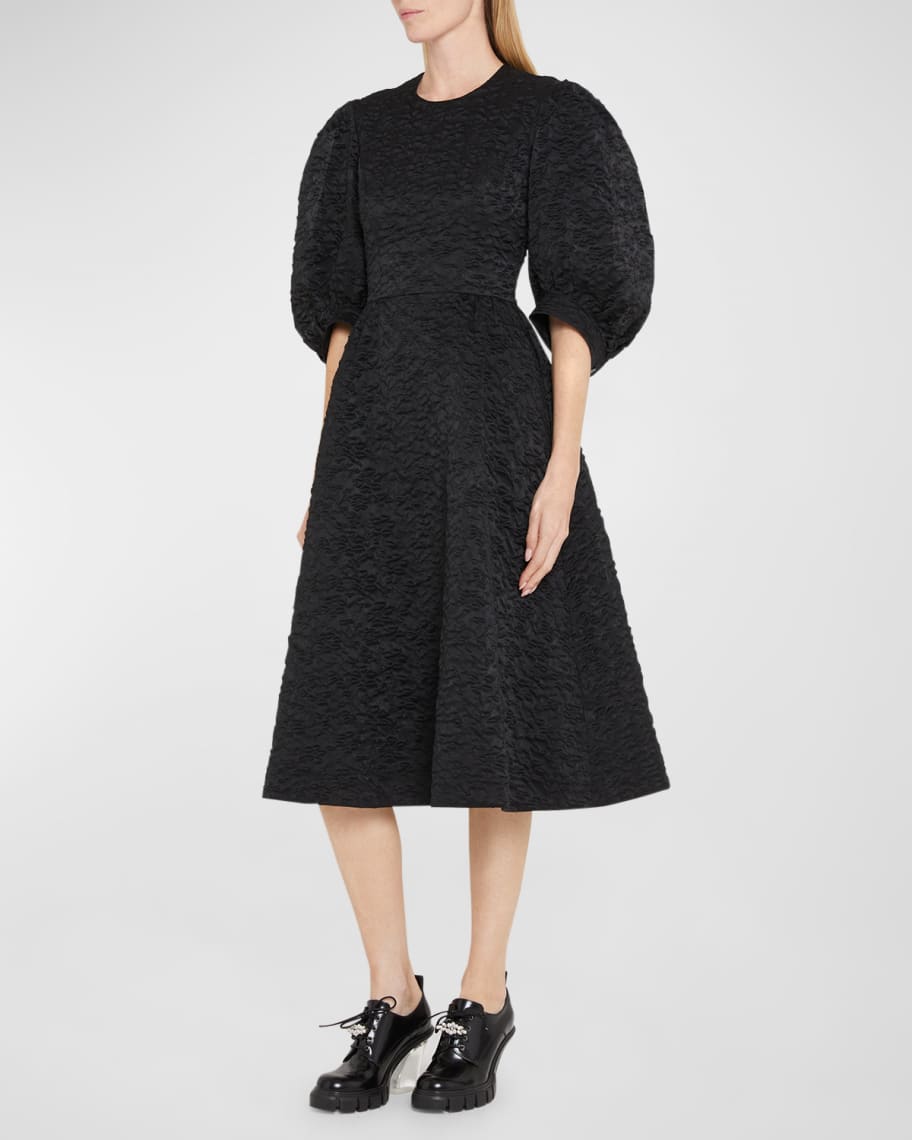 Simone Rocha Puff-Sleeve Fitted A-Line Midi Dress | Neiman Marcus