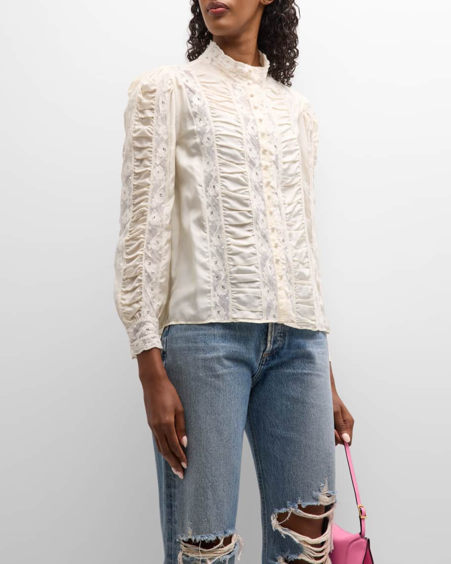 LoveShackFancy Jacque Silk Lace Button-Front Top | Neiman Marcus