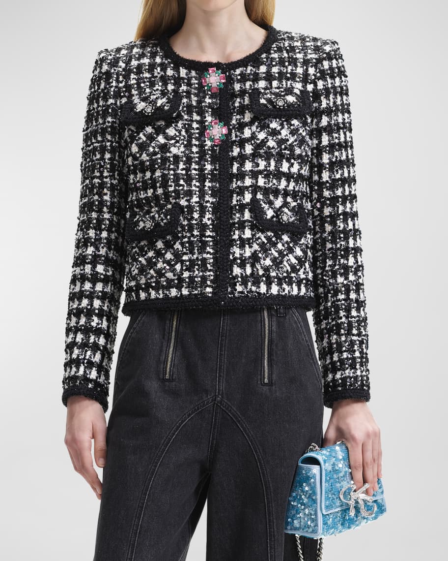 Self-Portrait Check Bouclé Cropped Jacket | Neiman Marcus