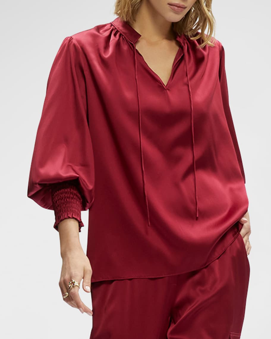 Robert Graham Jordyn V-Neck Smocked-Cuff Satin Blouse | Neiman Marcus