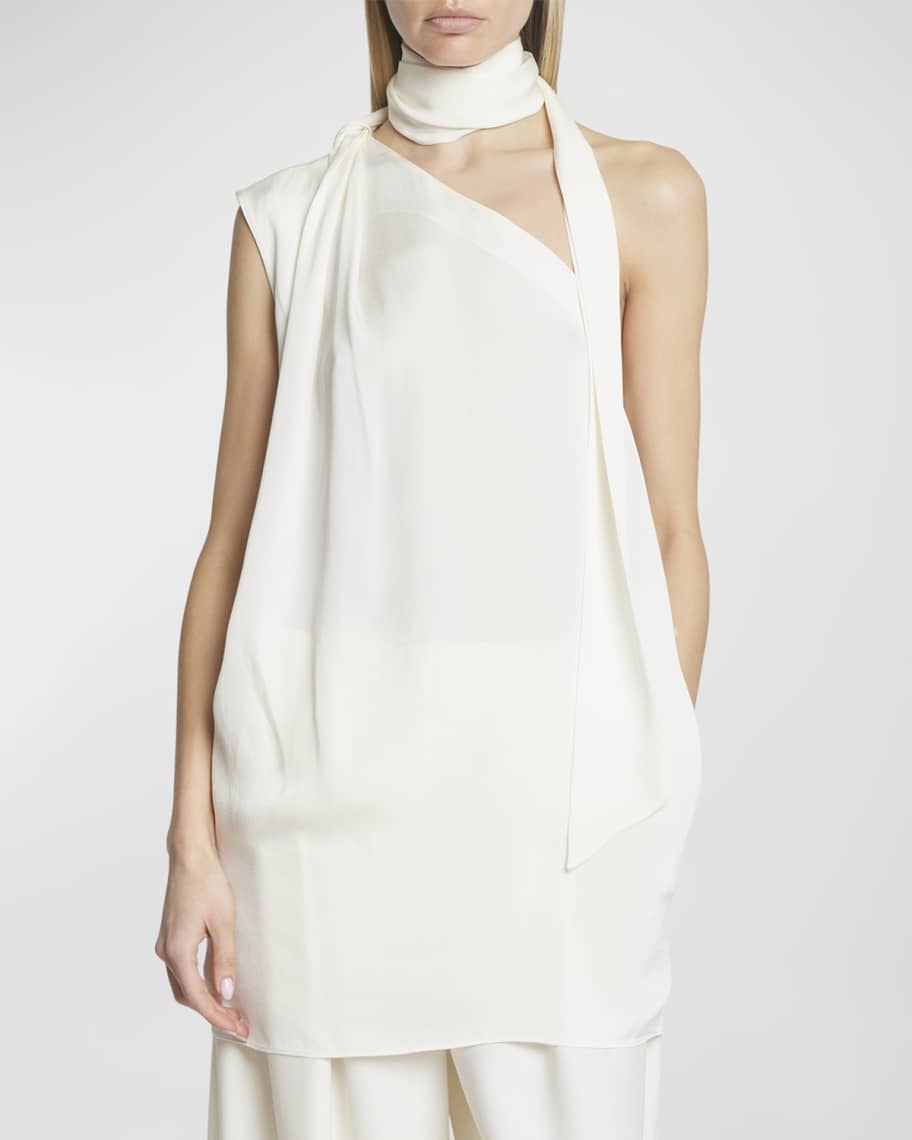 Stella McCartney Silk Scarf-Neck One-Shoulder Top | Neiman Marcus