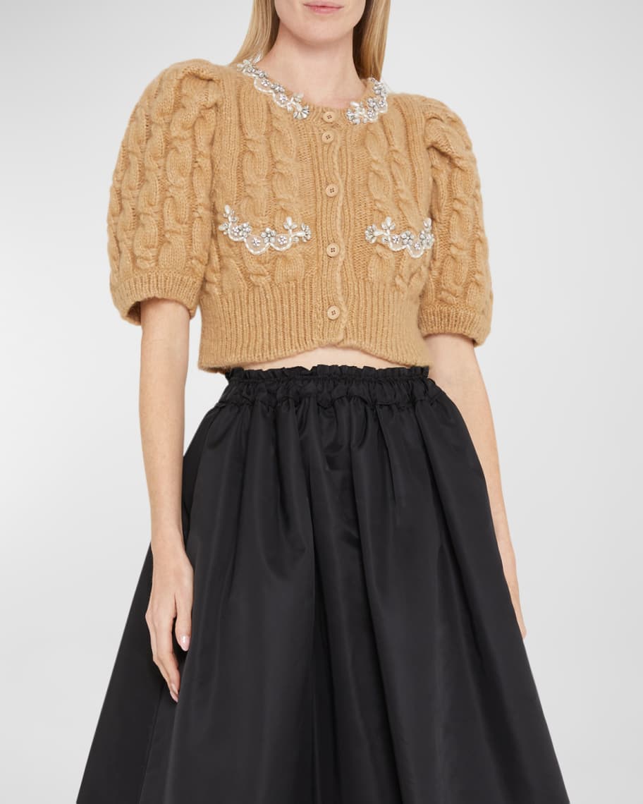 Simone Rocha Embellished Cable-Knit Puff-Sleeve Cropped Cardigan ...