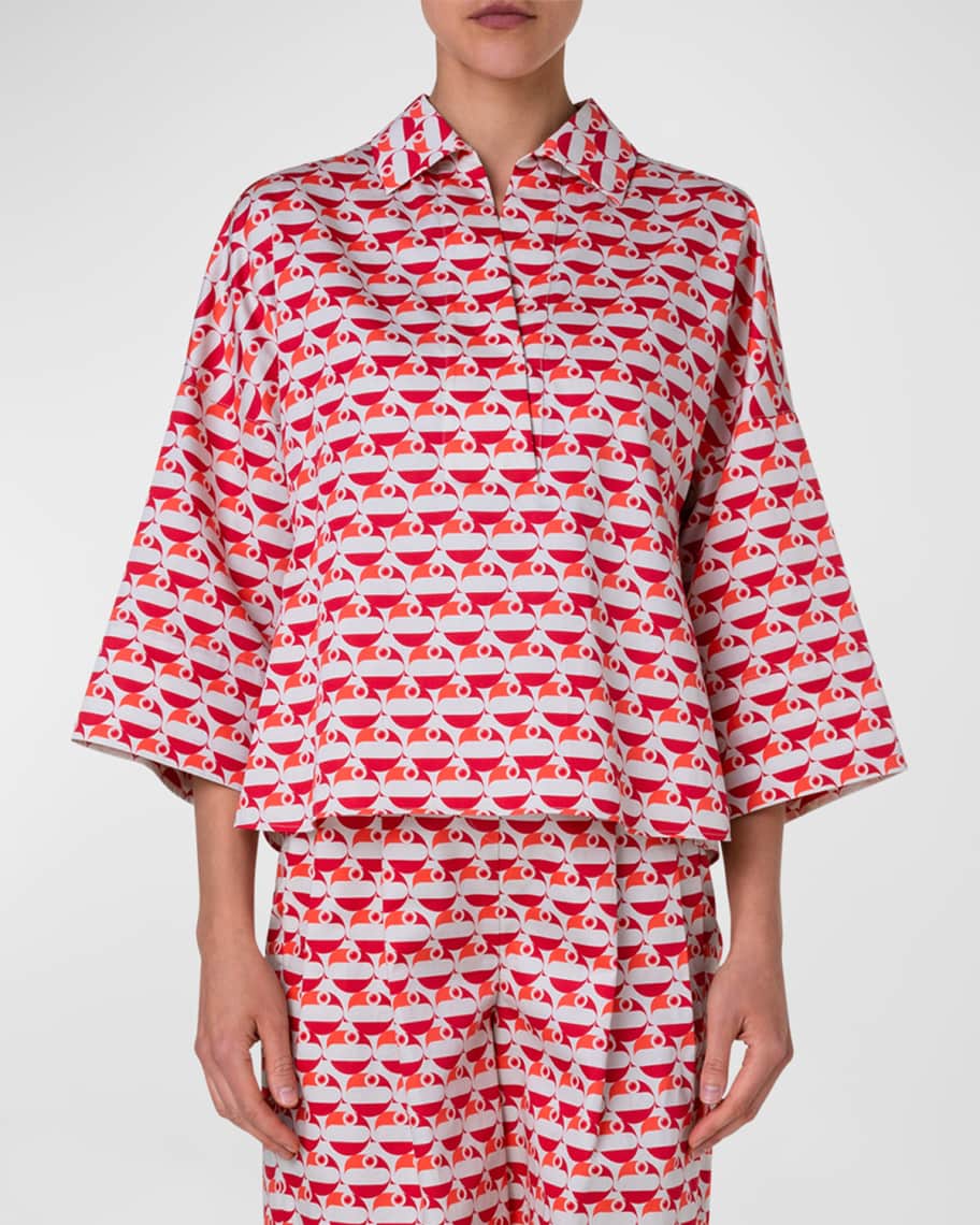 Akris punto Cotton Satin Pelican Dot Printed Blouse | Neiman Marcus