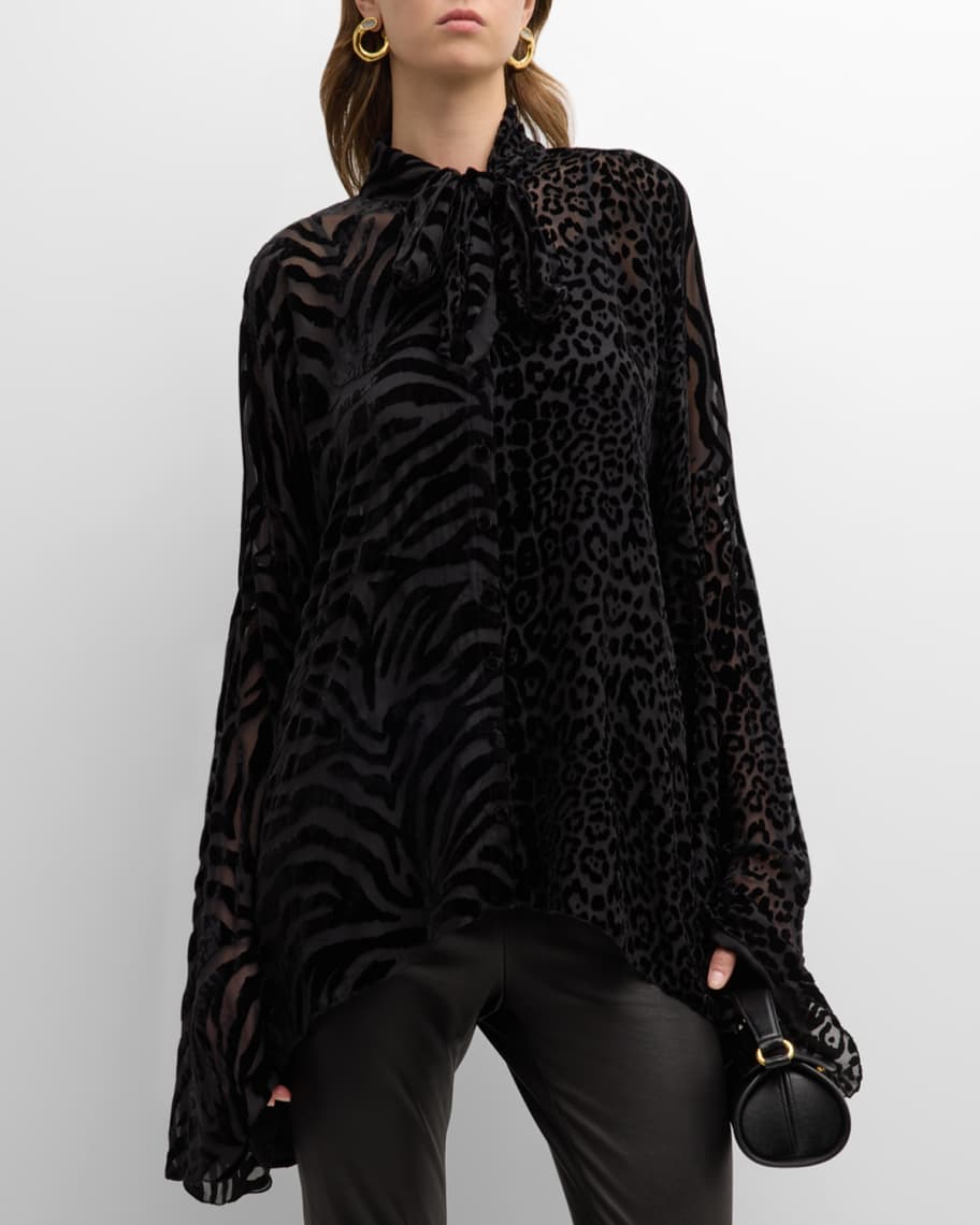 Roberto Cavalli Animal-Print Burnout Velvet Neck-Tie Shirt | Neiman Marcus