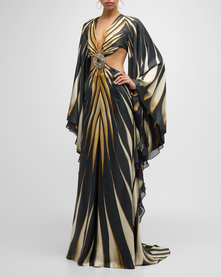 Roberto Cavalli Plunging Jewel-Conch Cutout Cape-Sleeve Maxi Dress ...