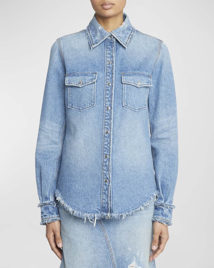Chloe Frayed-Edge Recycled Denim Collared Shirt | Neiman Marcus