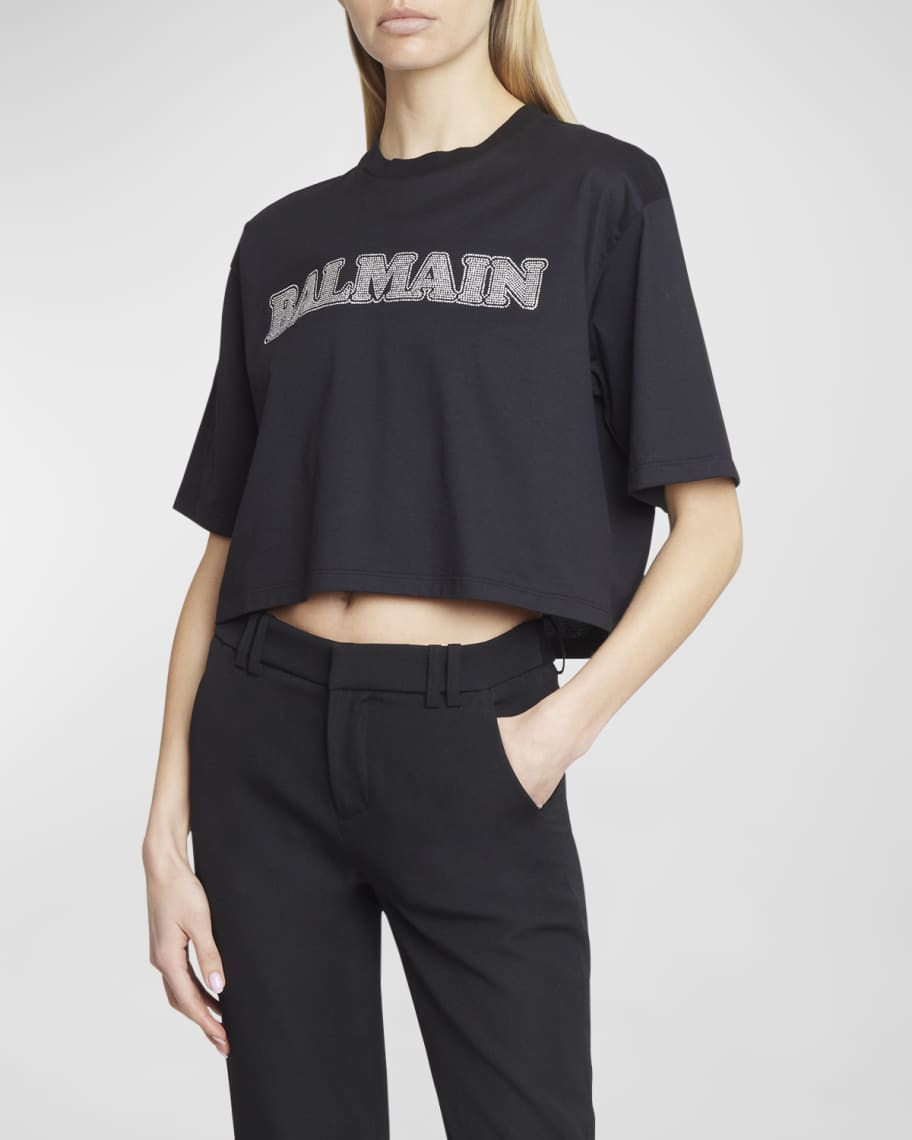 Balmain Strass Logo Short-Sleeve Crop T-Shirt | Neiman Marcus