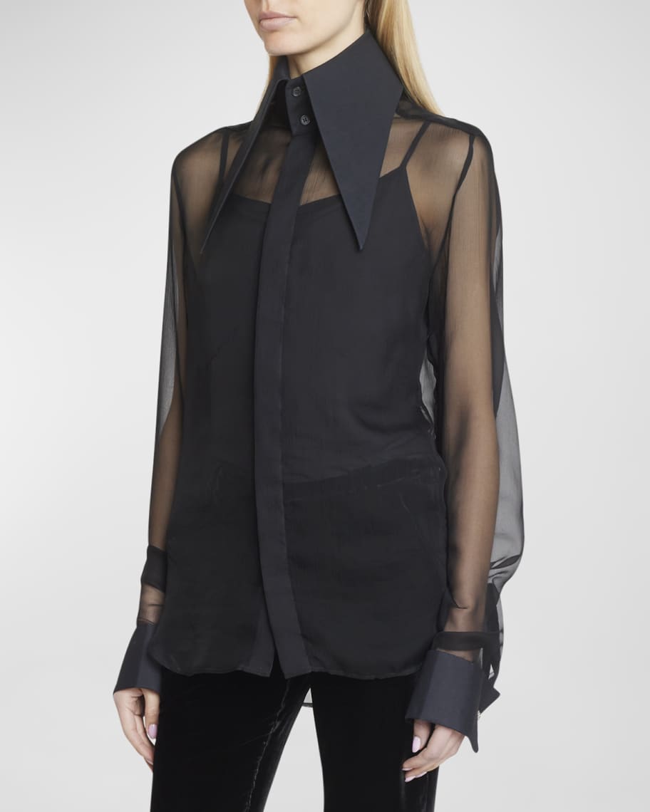 Balmain Sheer Silk Chiffon Collared Shirt | Neiman Marcus