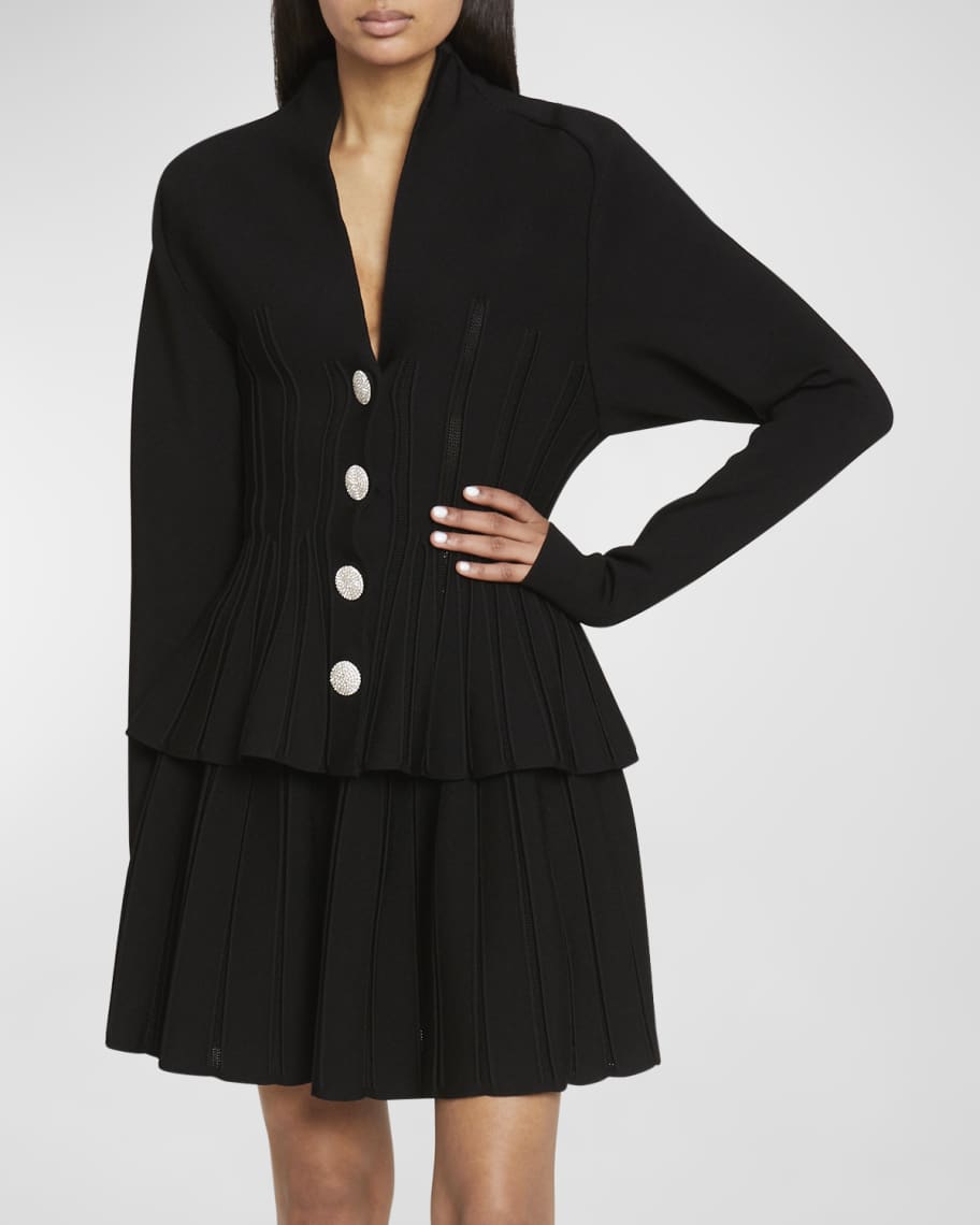 Balmain V-Neck Ribbed Peplum Basque Cardigan | Neiman Marcus