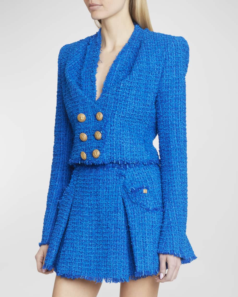 Balmain Collarless Tweed Double-Breasted Crop Jacket | Neiman Marcus