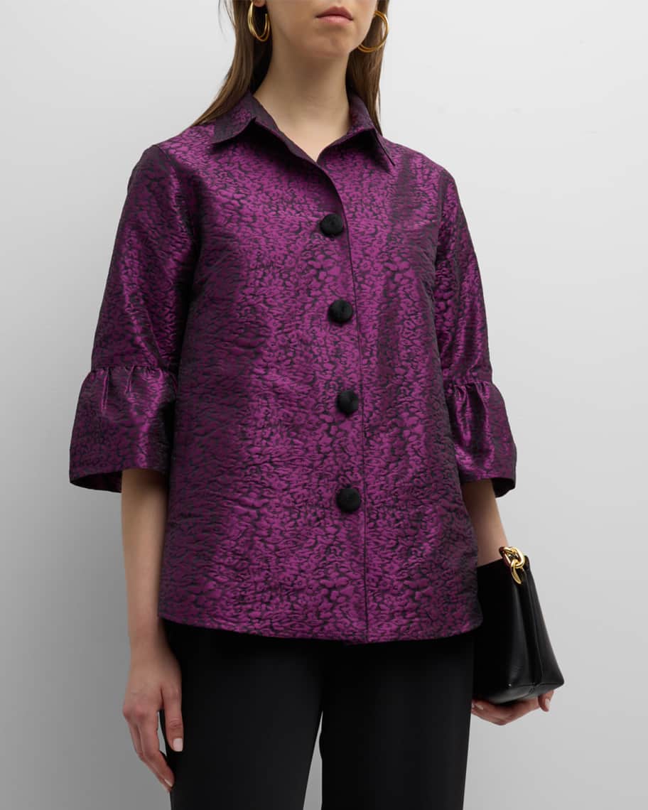 Caroline Rose Luminous Leopard Bell-Sleeve Jacquard Shirt | Neiman Marcus
