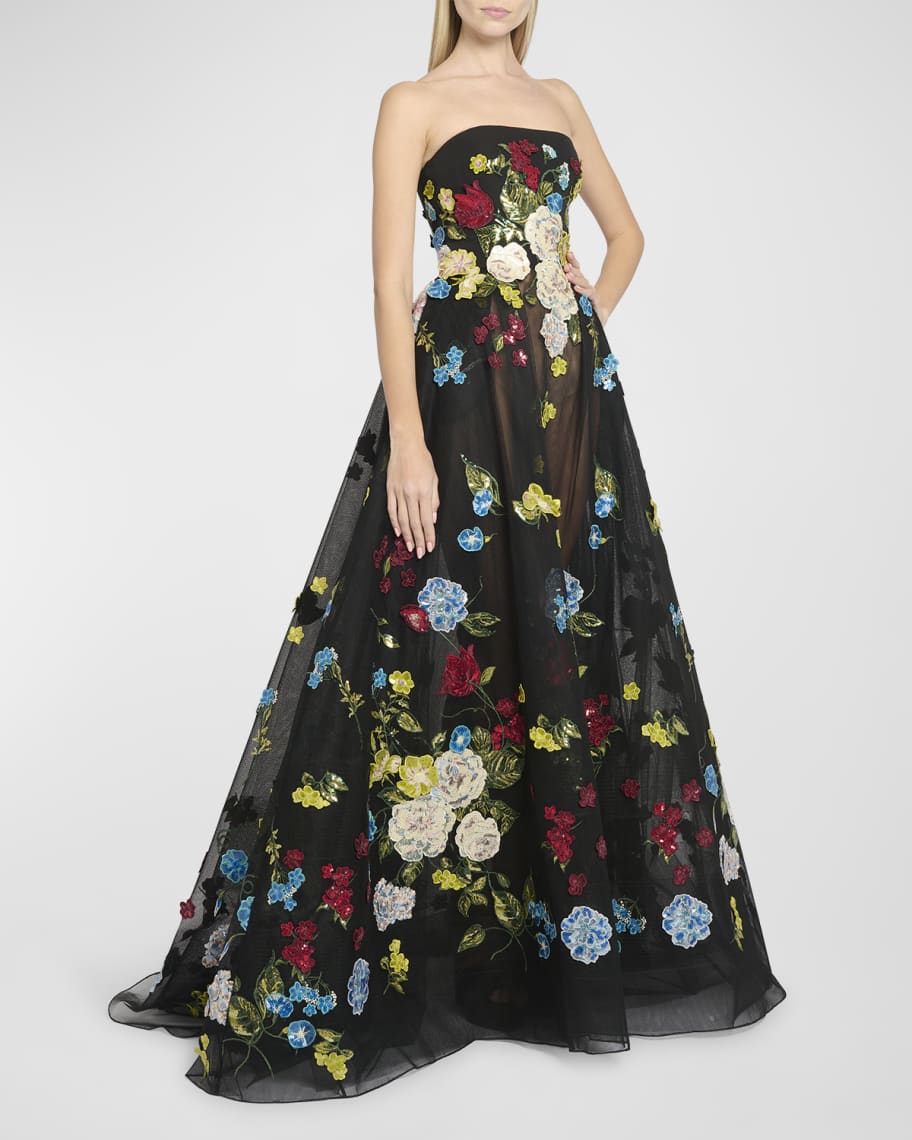 Elie Saab Sansione Sequin Floral-Embroidered Strapless Gown | Neiman Marcus