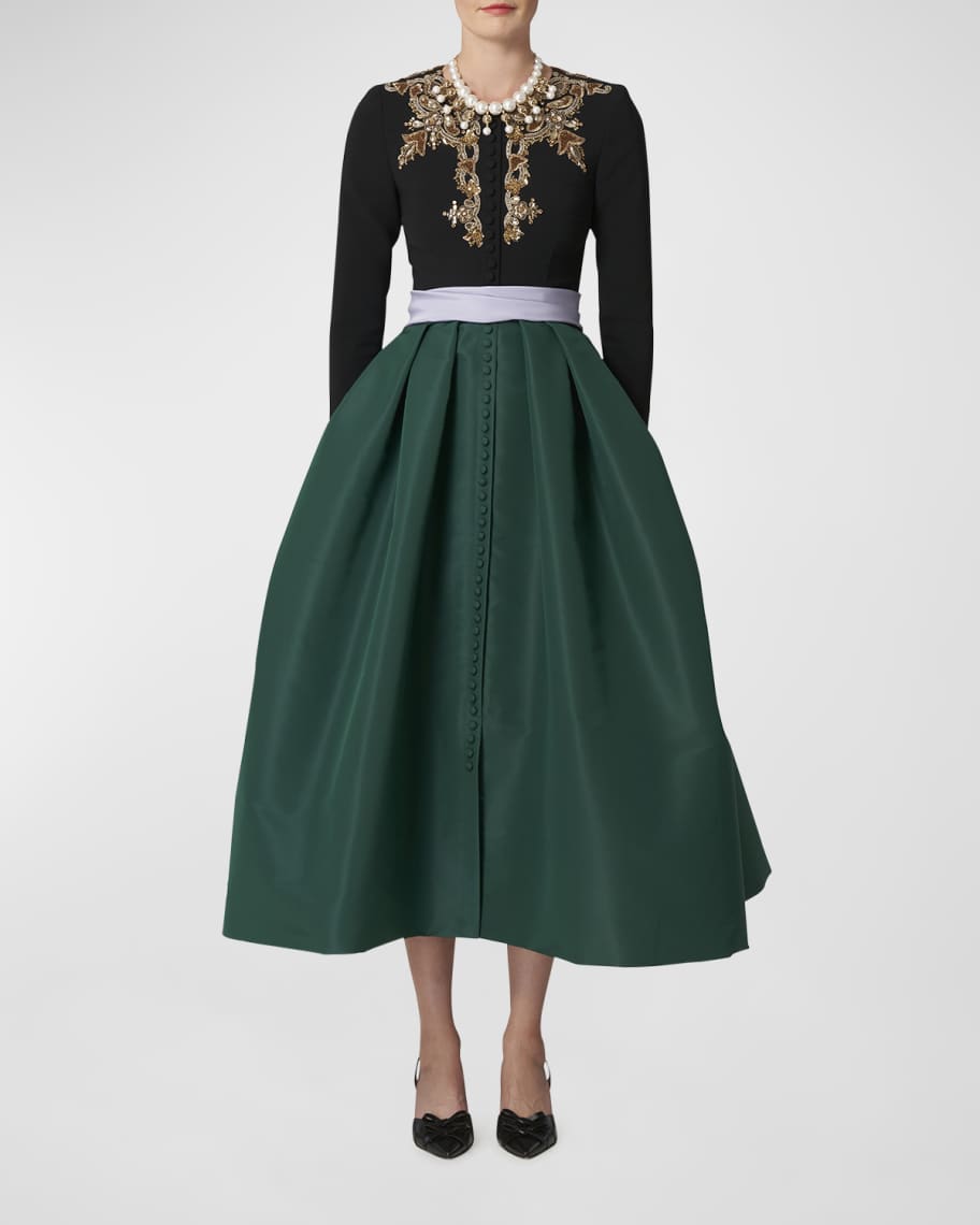 Carolina Herrera Embroidered Long-Sleeve Waist-Sash Silk Button-Front ...