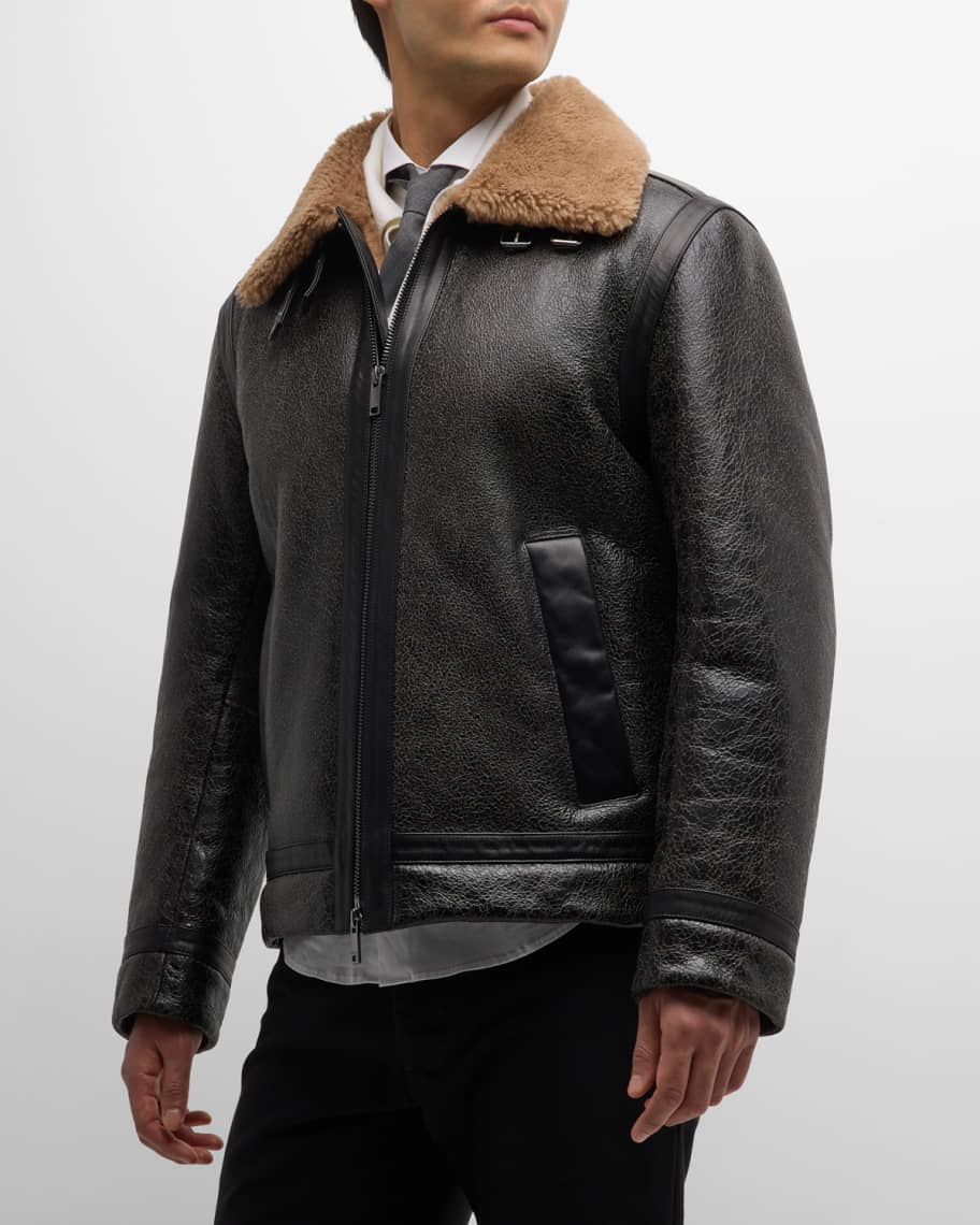 BOSS Camel Men's Leather Jacket with Shearling Collar | Neiman Marcus