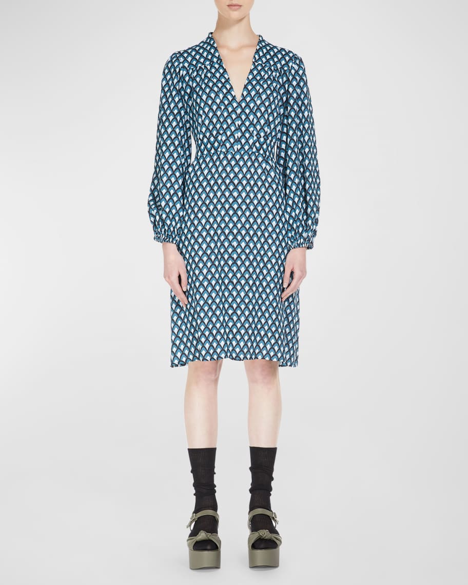 Weekend Max Mara Blouson-Sleeve Geometric-Print Midi Dress | Neiman Marcus