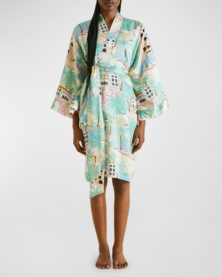 Olivia von Halle Mimi Printed Kimono-Sleeve Silk Robe | Neiman Marcus