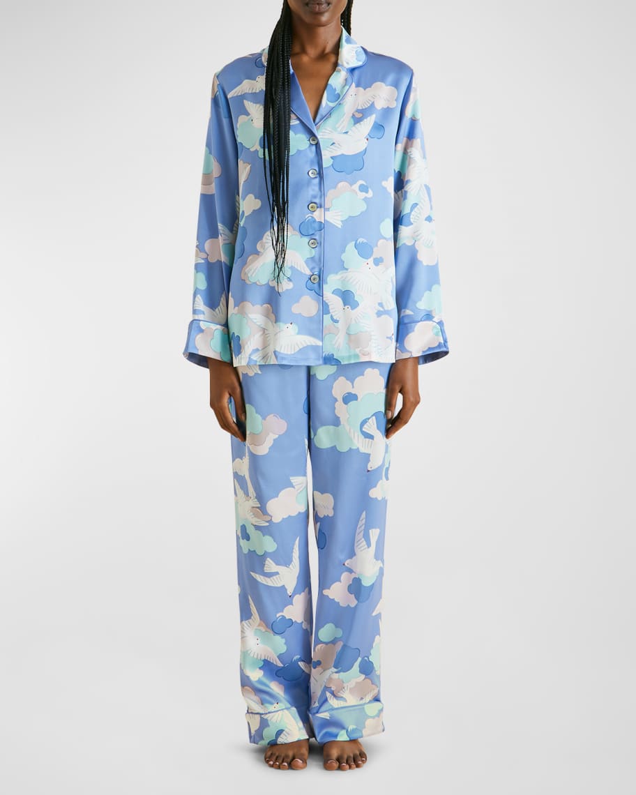 Olivia von Halle Lila Bird-Print Silk Pajama Set | Neiman Marcus