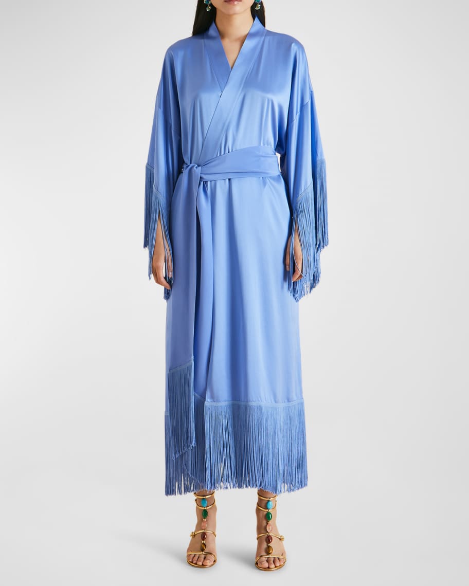 Olivia von Halle Amina Fringe-Trim Silk Robe | Neiman Marcus