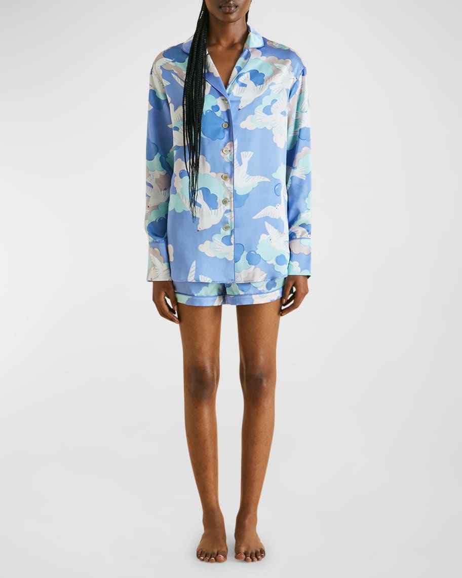 Olivia von Halle Alba Bird-Print Silk Pajama Set | Neiman Marcus