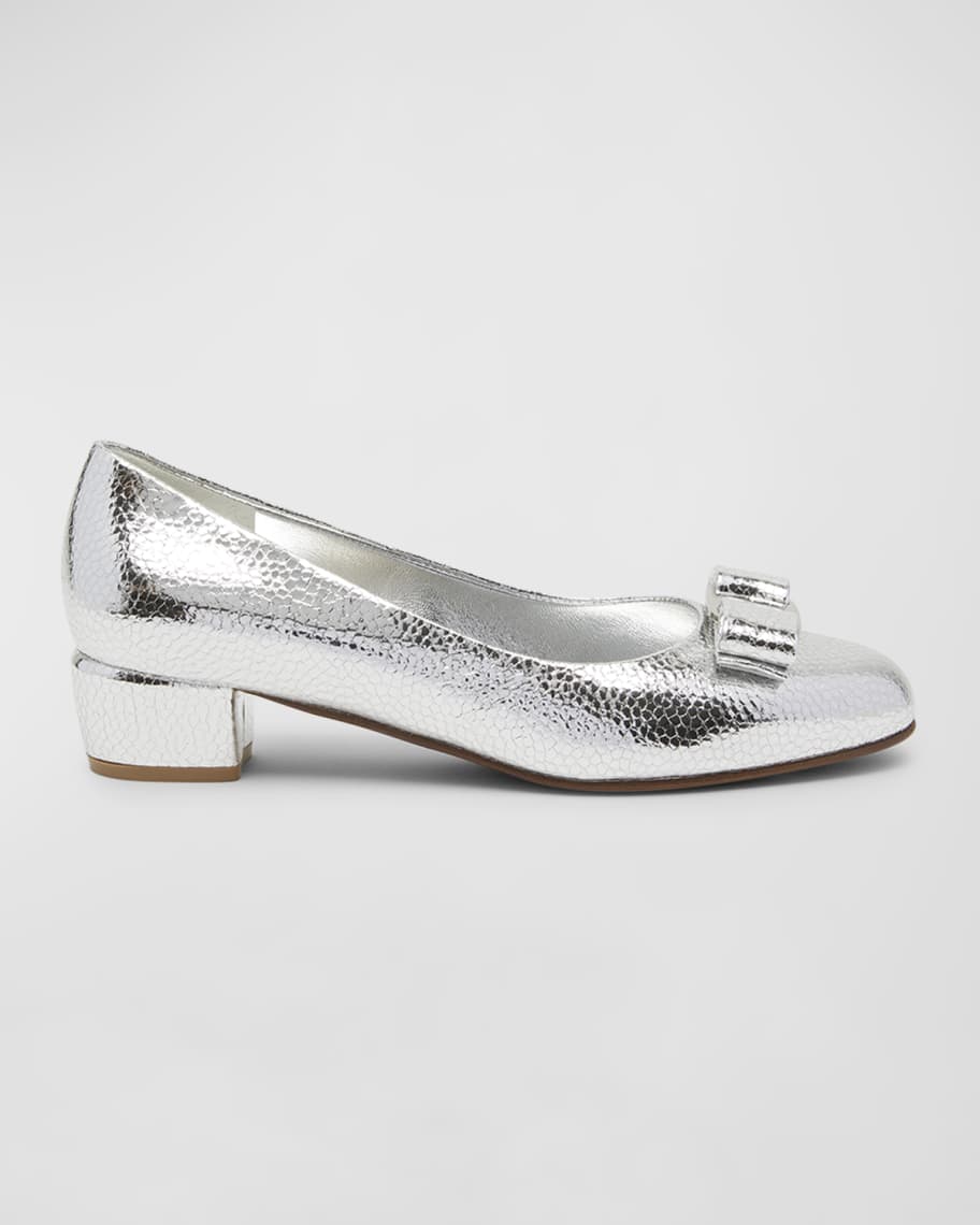 Ferragamo Vara Bow Metallic Embossed Low Pumps | Neiman Marcus