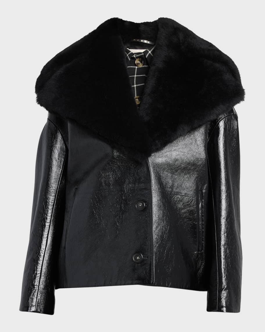 Marni Leather Short Jacket with Shearling Shawl Collar | Neiman Marcus