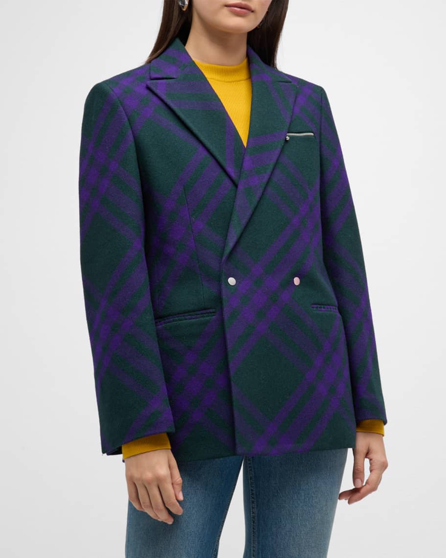Burberry Check Zip-Pocket Double-Breasted Wool Tailored Jacket | Neiman ...