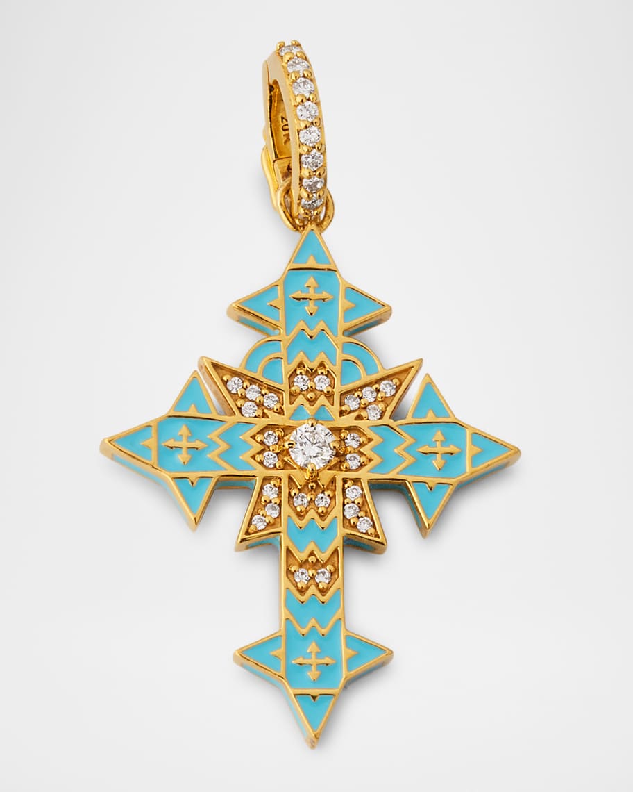 Buddha Mama 20K Sky Blue Enamel and Diamond Cross Pendant | Neiman Marcus