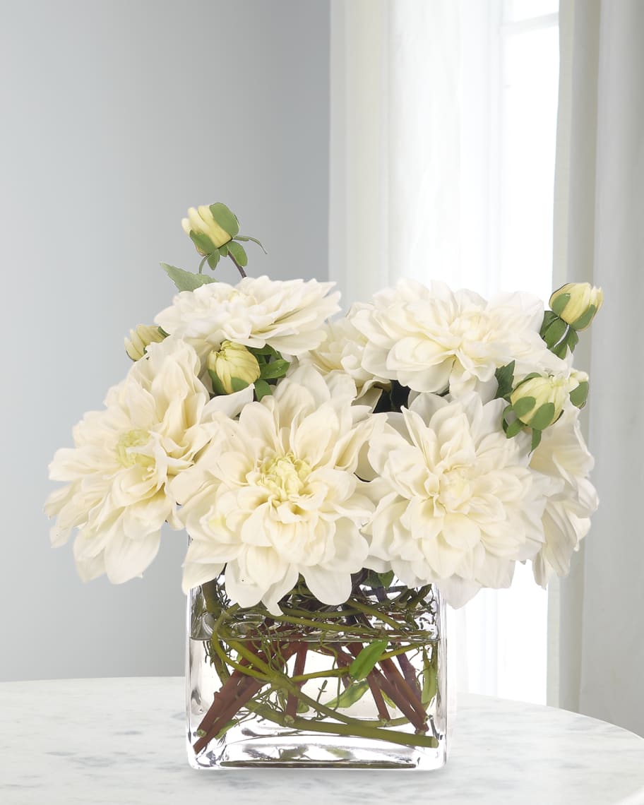 NDI Dahlia 9" Faux Floral Arrangement in Glass Cube | Neiman Marcus
