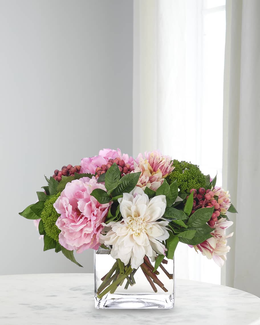 NDI Dahlia and Peony 12" Faux Floral Arrangement in Glass Cube | Neiman ...