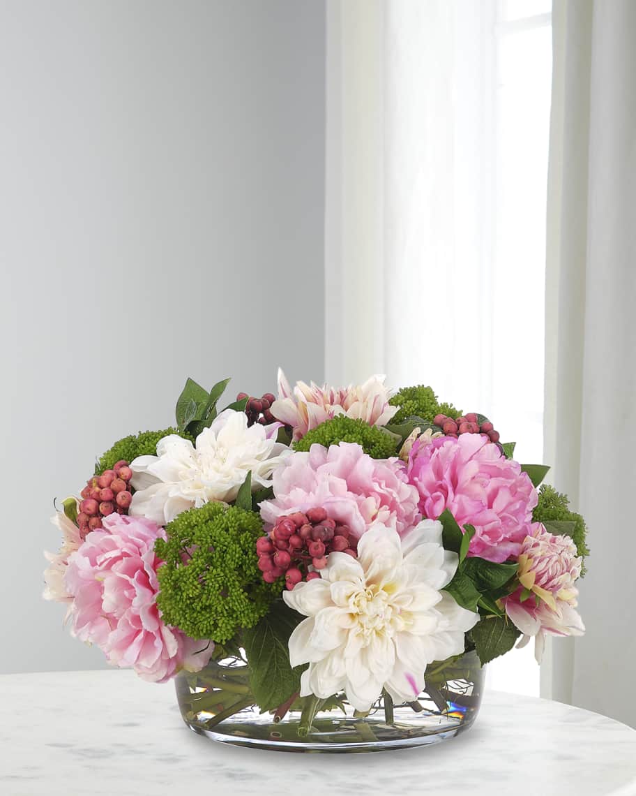 NDI Dahlia and Peony 10" Faux Floral Arrangement in Glass Bowl | Neiman ...