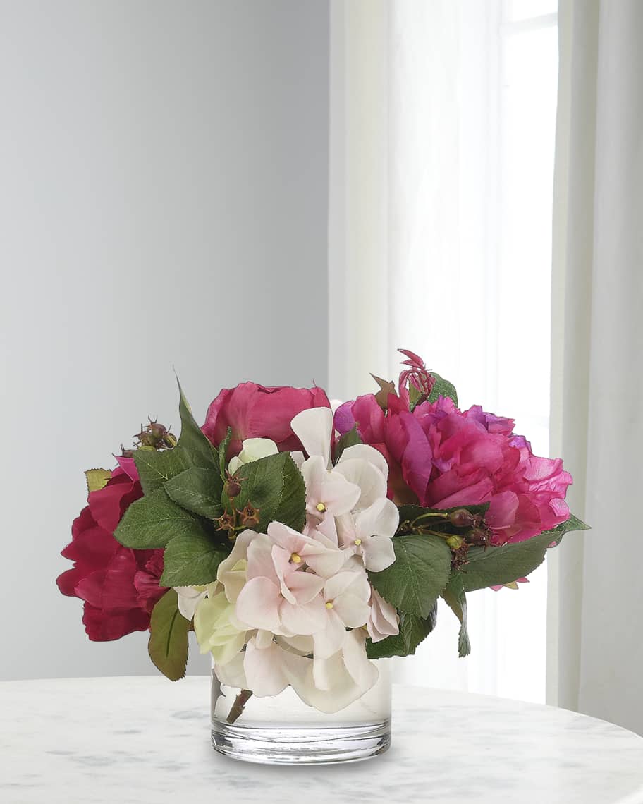 NDI Peony and Hydrangea 8" Faux Floral Arrangement in Glass Cylinder ...