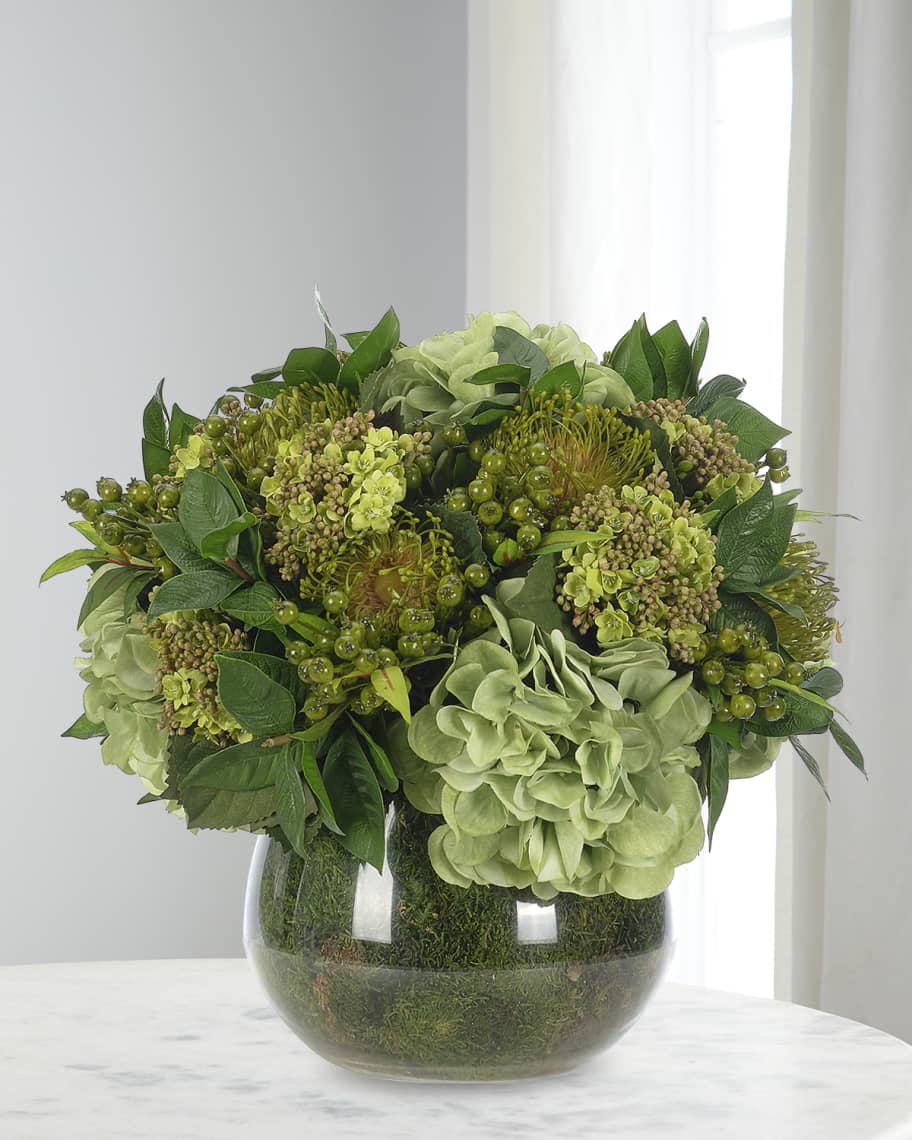 NDI Hydrangea and Protea 15" Faux Floral Arrangement in Moss Garden ...
