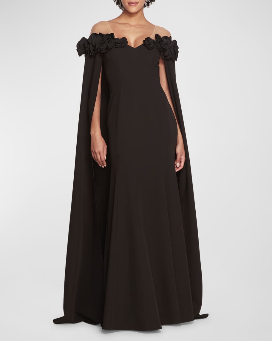 Marchesa Notte Off-Shoulder Ruffle Cape Gown | Neiman Marcus
