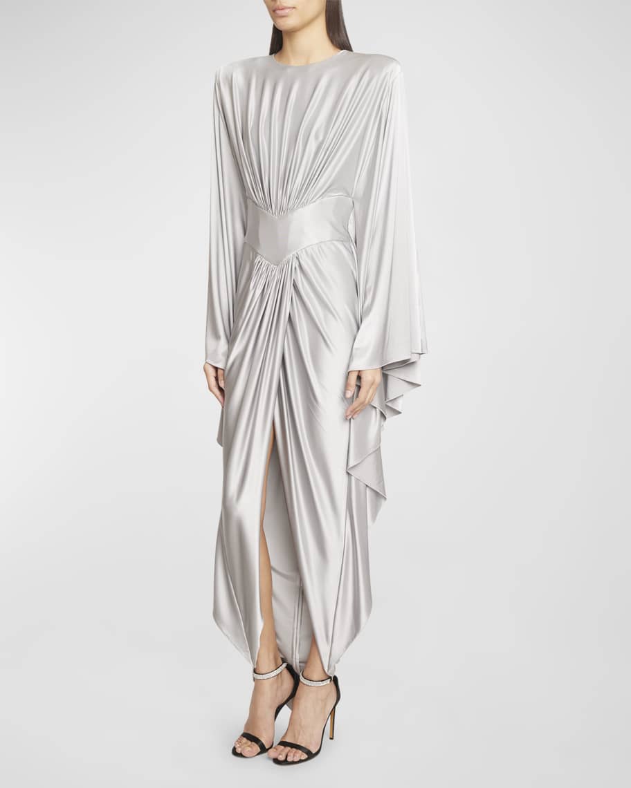 Alexandre Vauthier Metallic Gathered Strong-Shoulder Maxi Dress ...