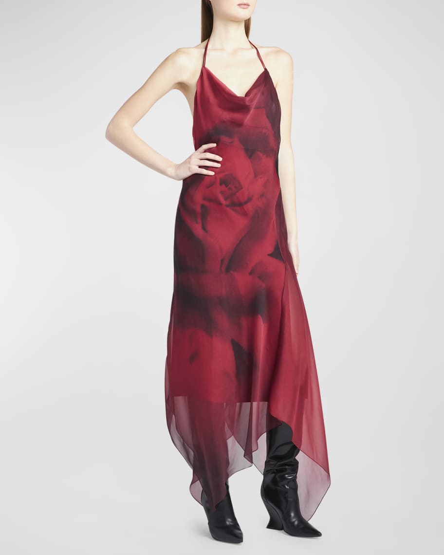 Alberta Ferretti Rose-Print Cowl Halter Handkerchief Maxi Dress ...