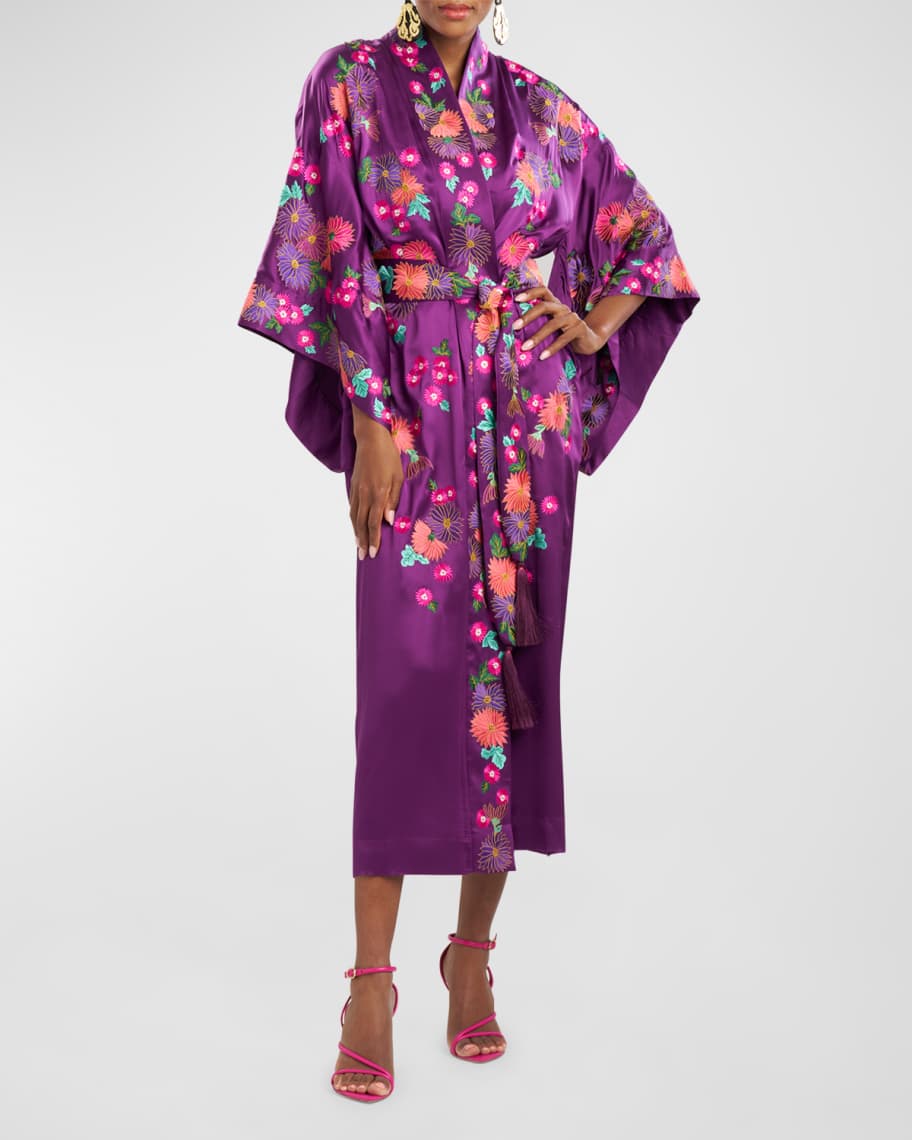 Josie Natori Key Essentials Floral-Print Silk Satin Robe | Neiman Marcus