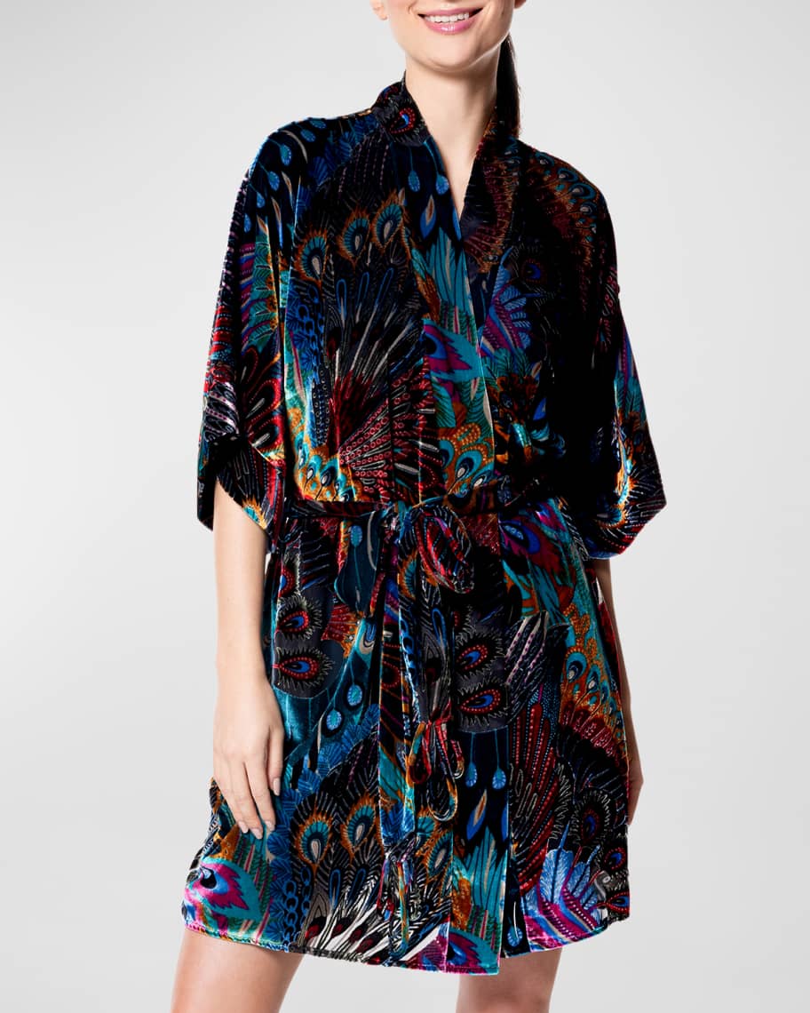 Christine Lingerie Ertre Feather-Print Mini Velvet Robe | Neiman Marcus