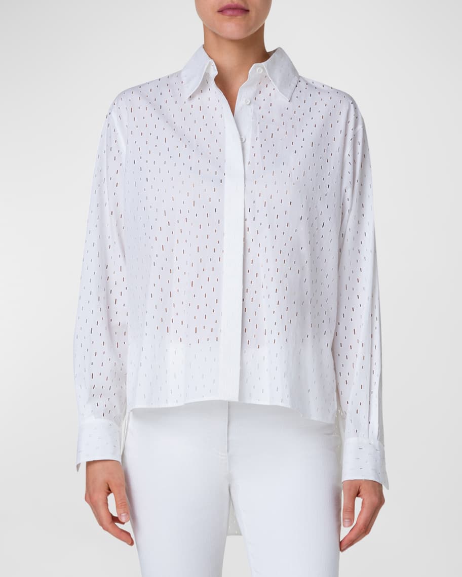 Akris punto Lasercut Grid Cotton Poplin High-Low Collared Shirt ...