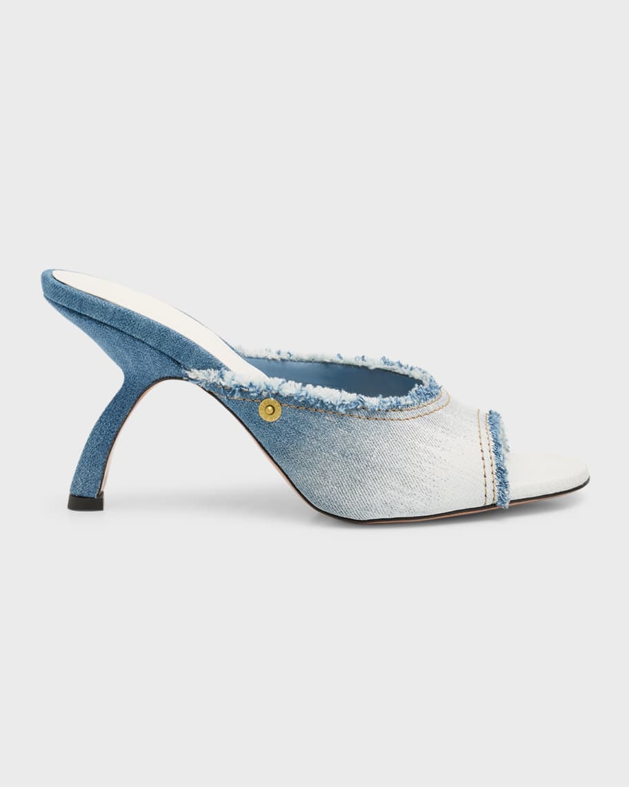 Piferi Tiana Frayed Denim Mule Sandals | Neiman Marcus