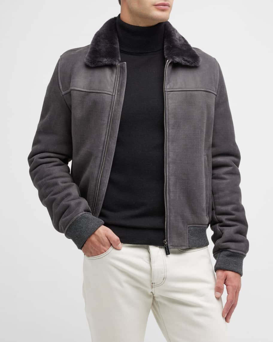 Gorski Men's Lamb Shearling Check Bomber Jacket | Neiman Marcus