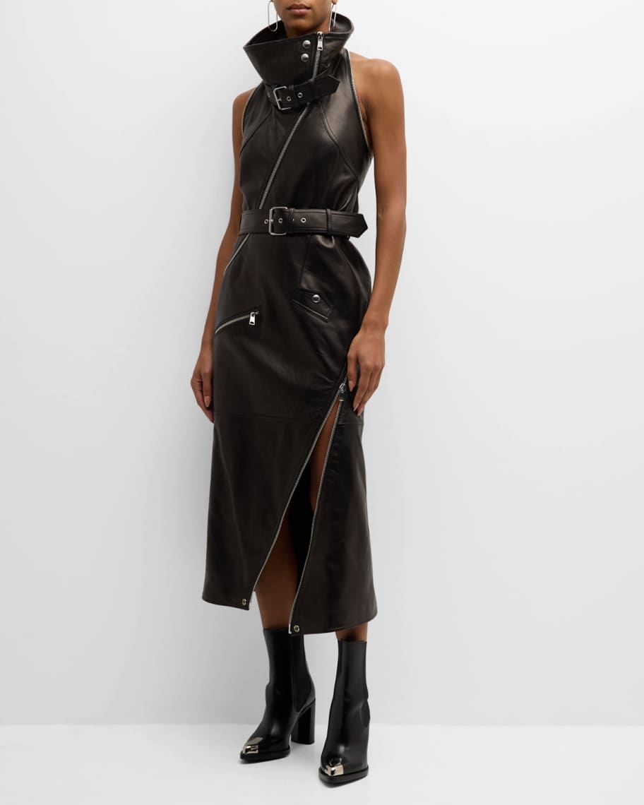 McQueen Slashed-Zip Belted Leather Midi Biker Dress | Neiman Marcus