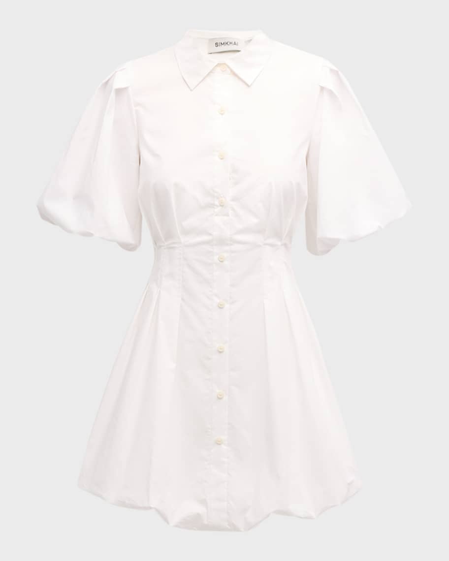 SIMKHAI Cleo Polin Balloon-Sleeve Pleated Mini Dress | Neiman Marcus