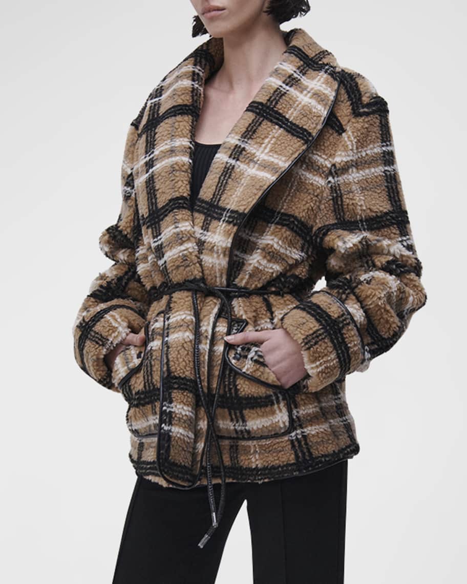 SIMKHAI Kimia Tie-Waist Plaid Sherpa Jacket | Neiman Marcus