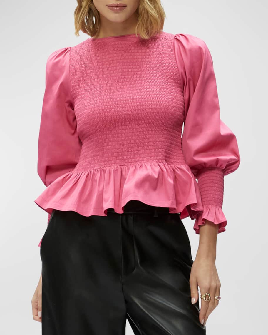 Robert Graham Macie Smocked Bishop-Sleeve Peplum Blouse | Neiman Marcus