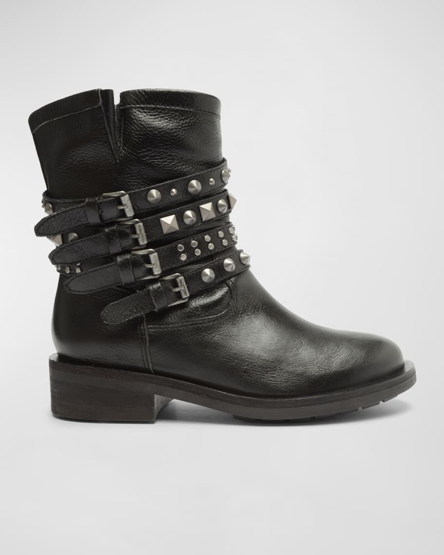 Schutz Luizia Stud Buckles Leather Moto Boots | Neiman Marcus