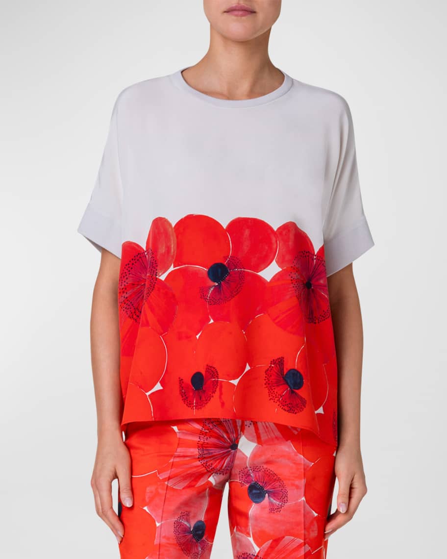 Akris Placed Poppies-Print Oversized Silk Knit Top | Neiman Marcus