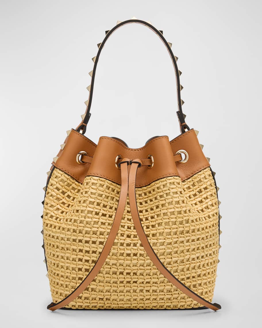Valentino Garavani Rockstud Woven Leather Bucket Bag | Neiman Marcus