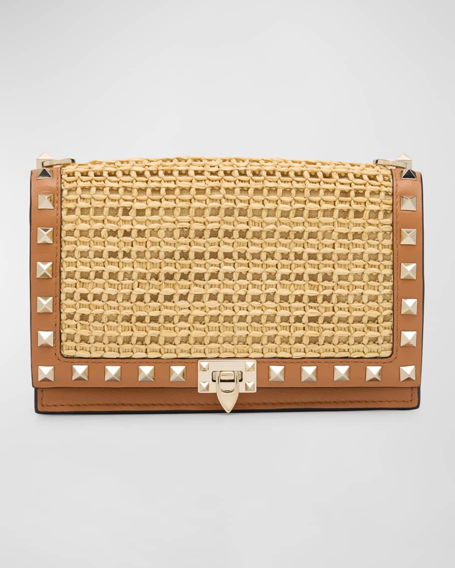 Valentino Garavani Rockstuds Pouch Raffia Wallet on Chain | Neiman Marcus